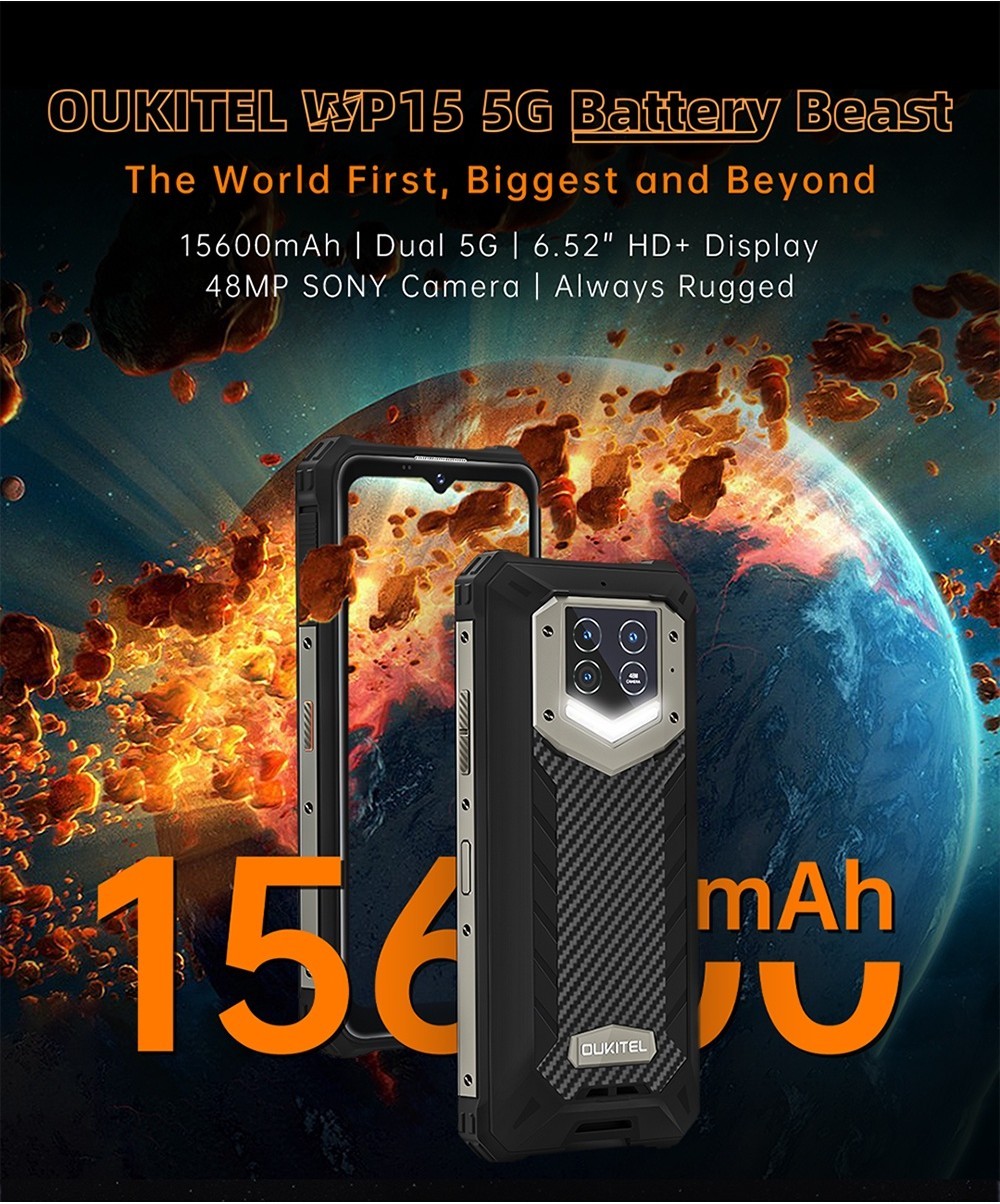OUKITEL Wp15 5g 15600mah 8gb+128gb Rugged Cellphone 6.5"Hd+ Android 11 ...