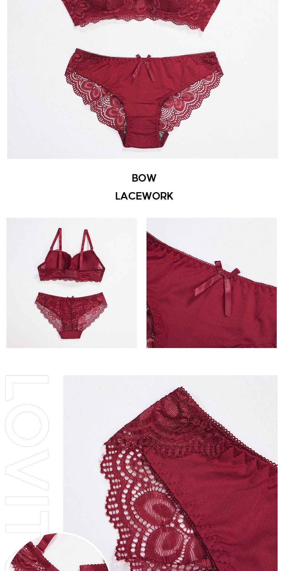 Lovito Casual Push up Panty Set Lace Bow Lacework Contrast Smooth Bra ...