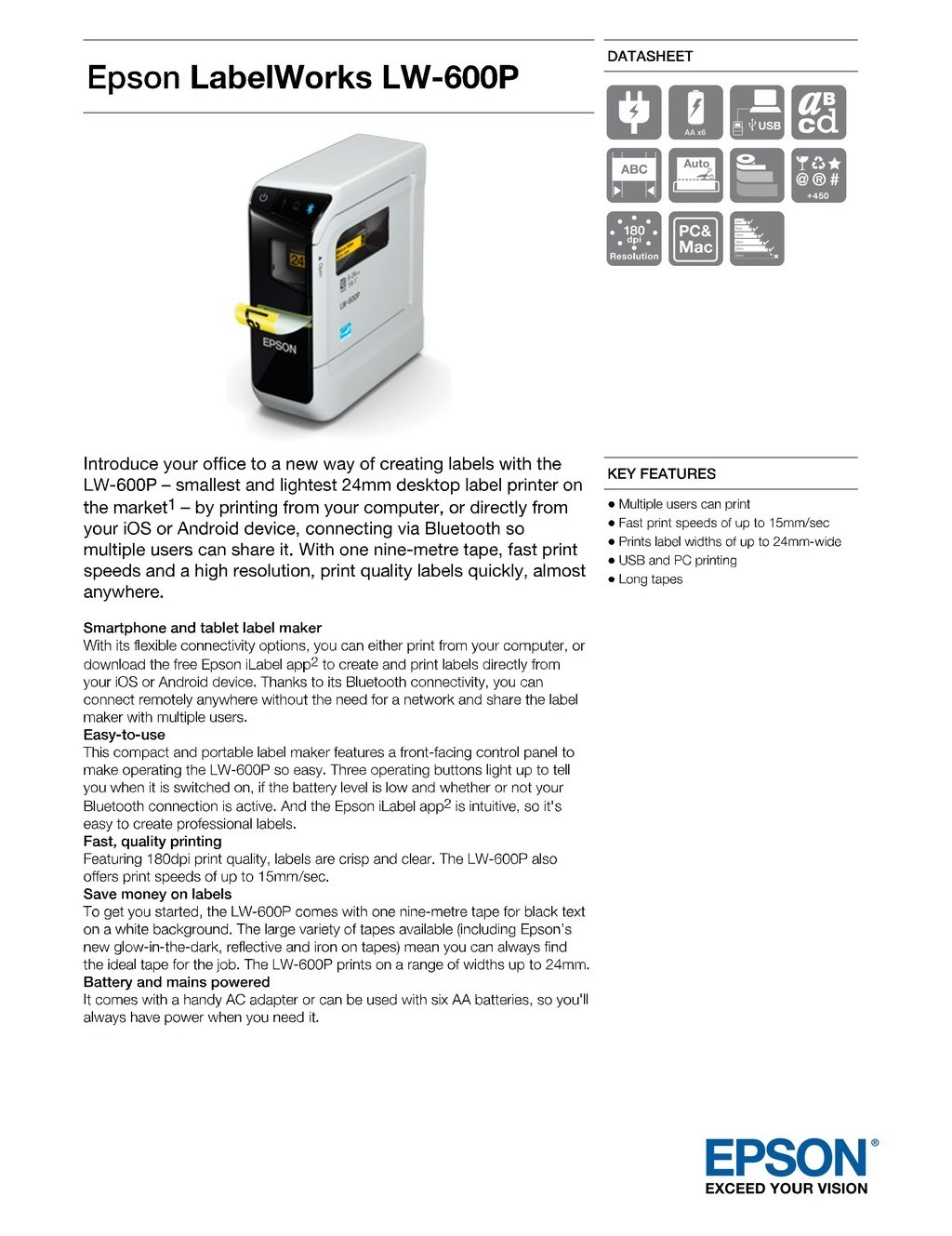 Epson LabelWorks LW-600P Bluetooth PC-Connectable Label Printer LW600 ...