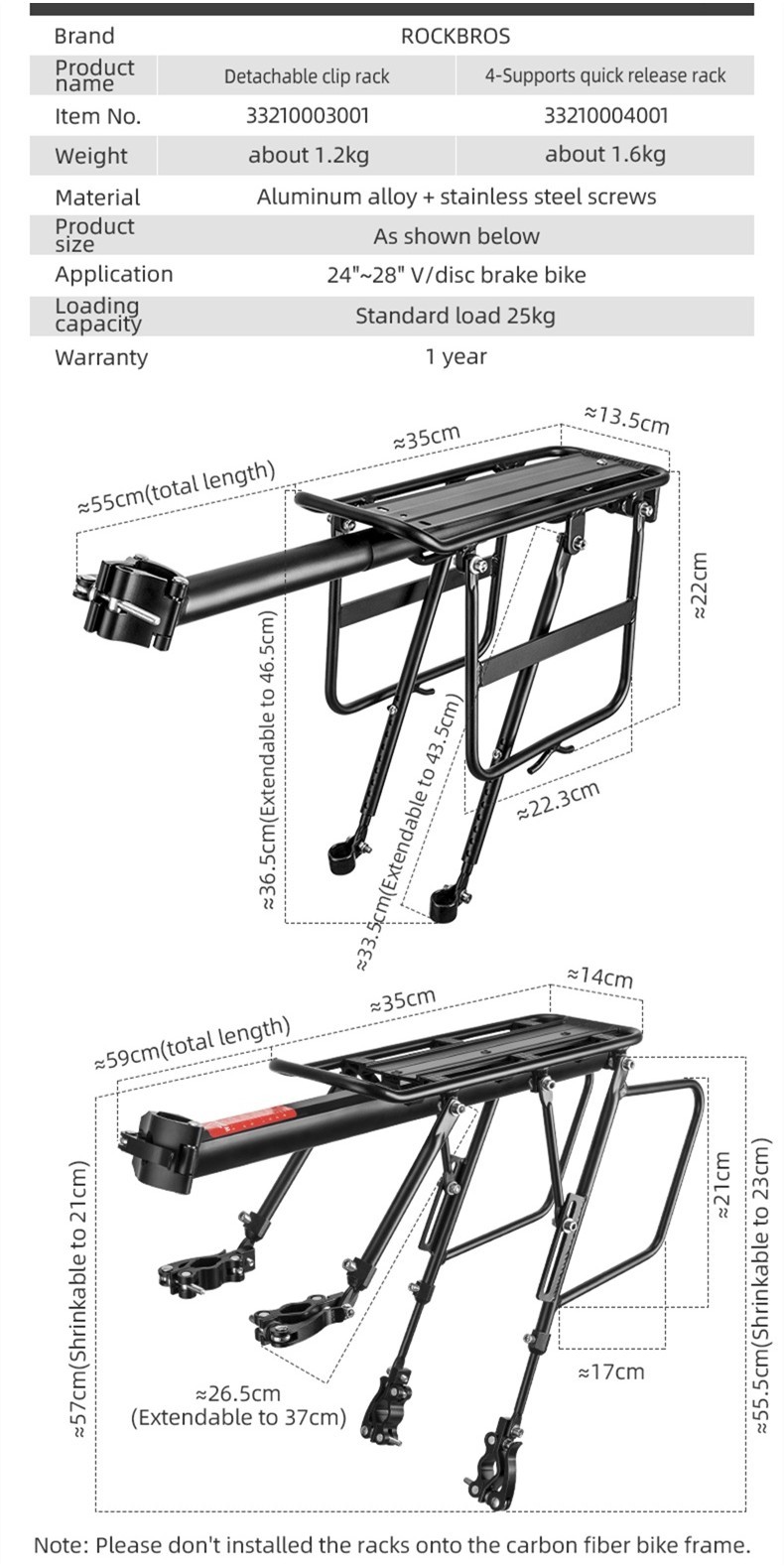 ROCKBROS Bicycle Cargo Rack Rear Bike Pannier Quick Release MTB Road ...