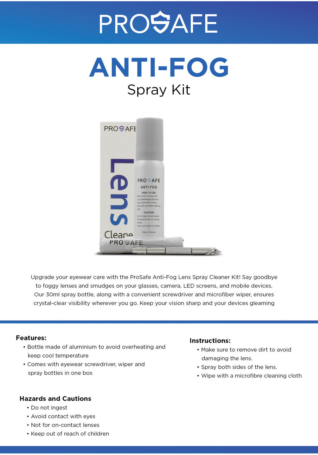 ProSafe Anti-Fog Kit 30ml (Lens Spray + Screwdriver + Wiper ...