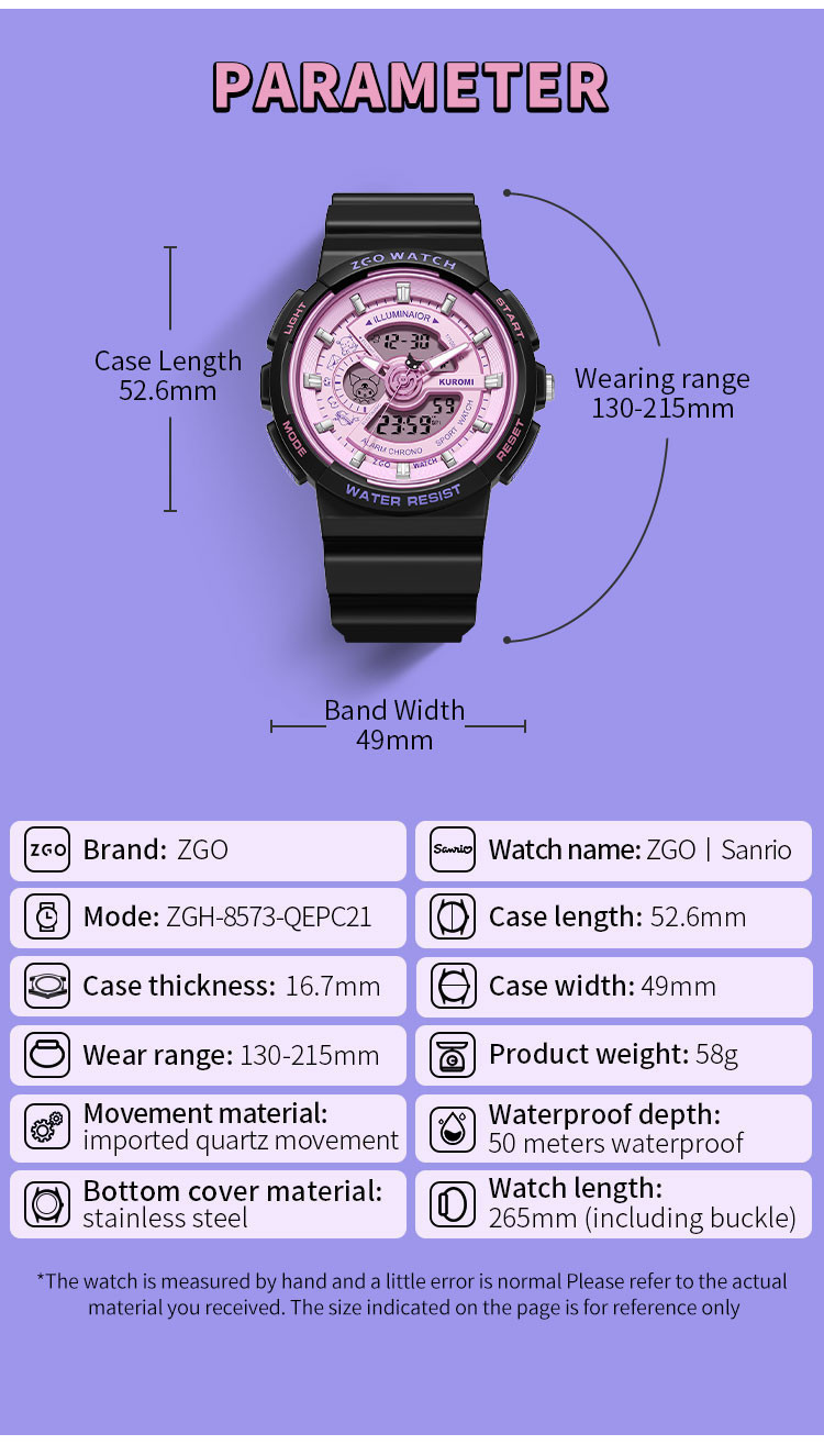 ZGO x Sanrio Kuromi Watch For Kids Girls Electronic Waterproof 50M LED ...
