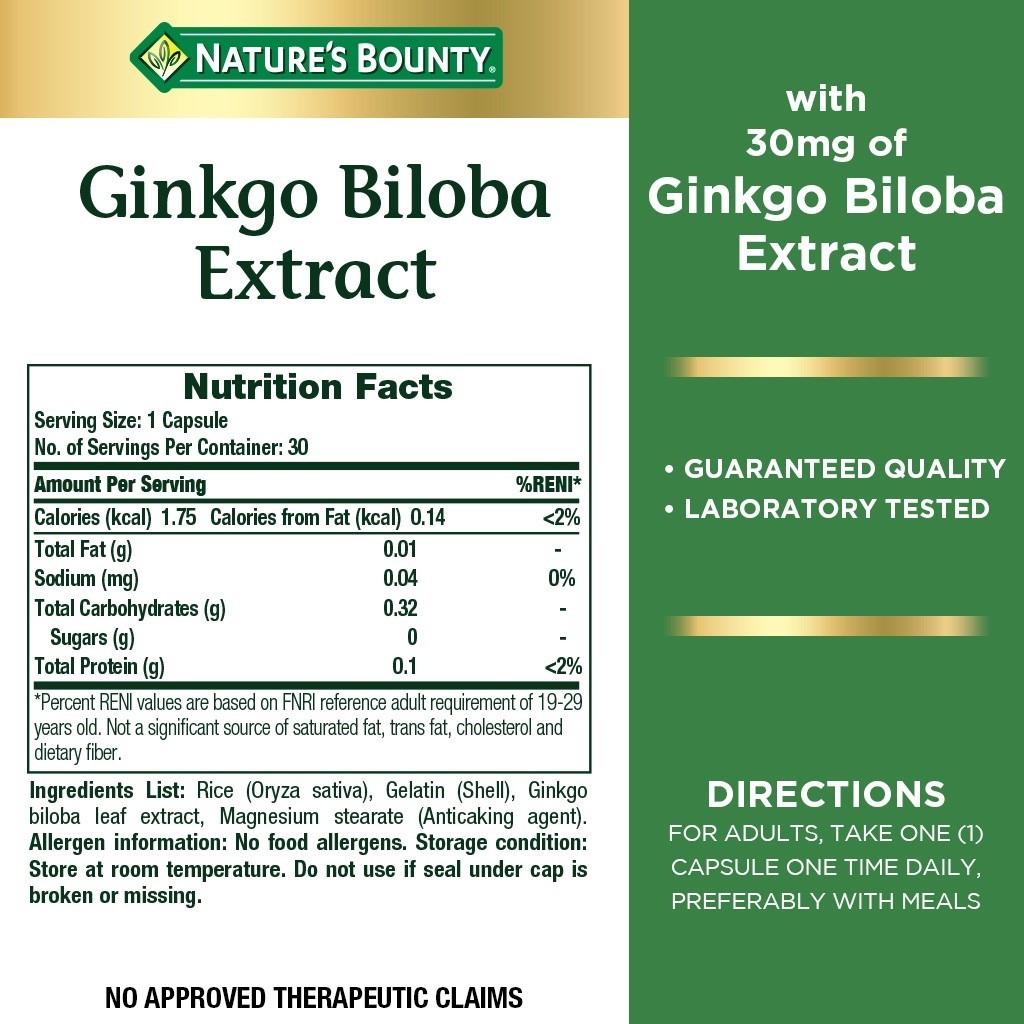 Nature's Bounty Gingko Biloba Food Supplement 30mg x 30 Capsules ...
