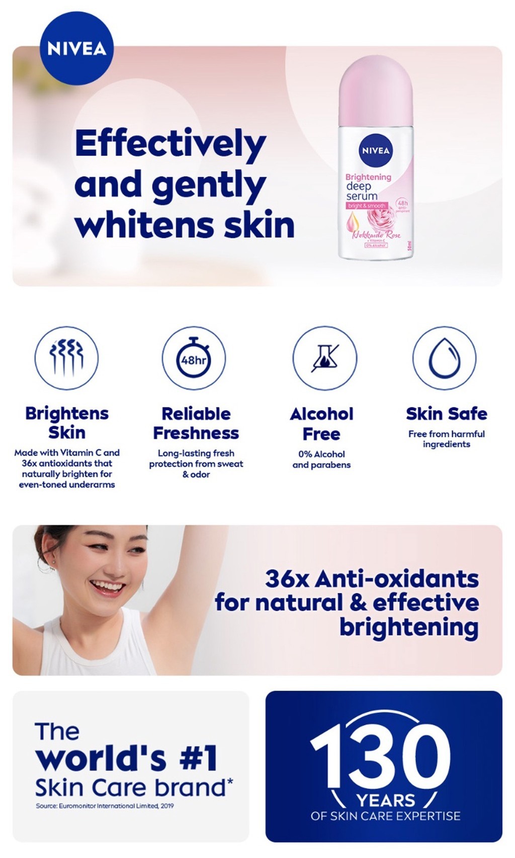 NIVEA Deodorant Brightening Serum Hokkaido Rose Antiperspirant Roll on ...