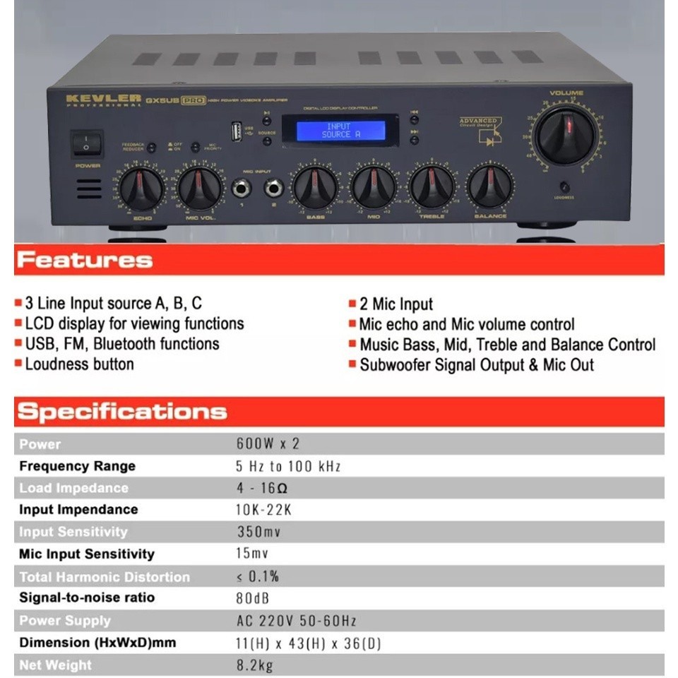 Kevler by Winland GX-5UB PRO 600W x 2 Karaoke Amplifier with Bluetooth ...