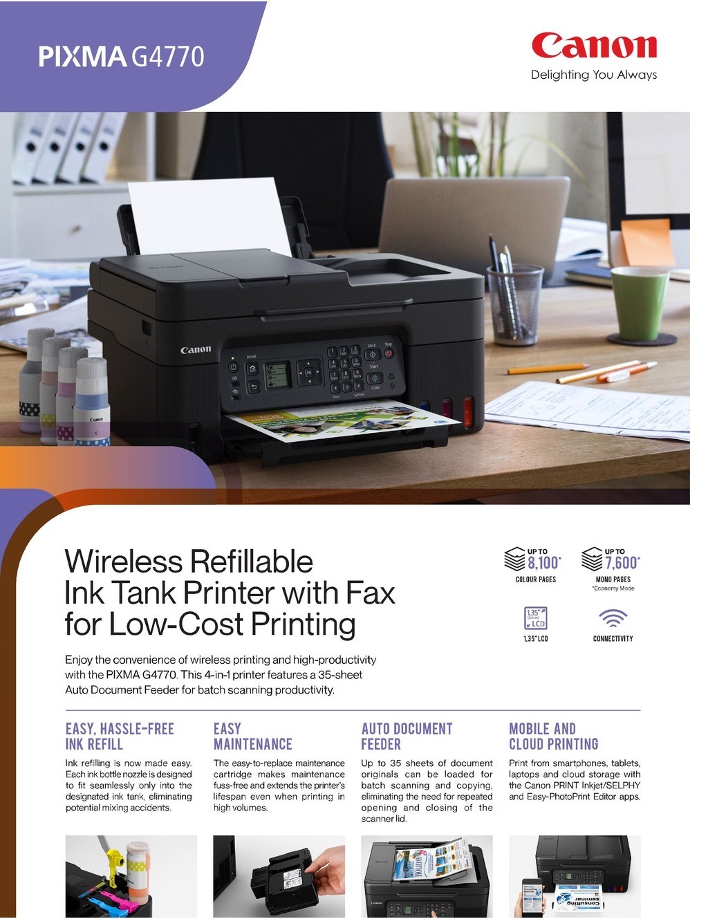 Canon G4770 PIXMA Wireless Refillable Ink Tank Printer with Fax ...