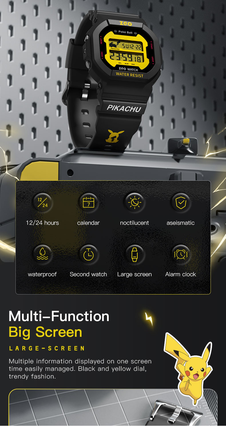 ZGO x Pokemon Pikachu Watch Kids Electronic Waterproof Sports Luminous ...