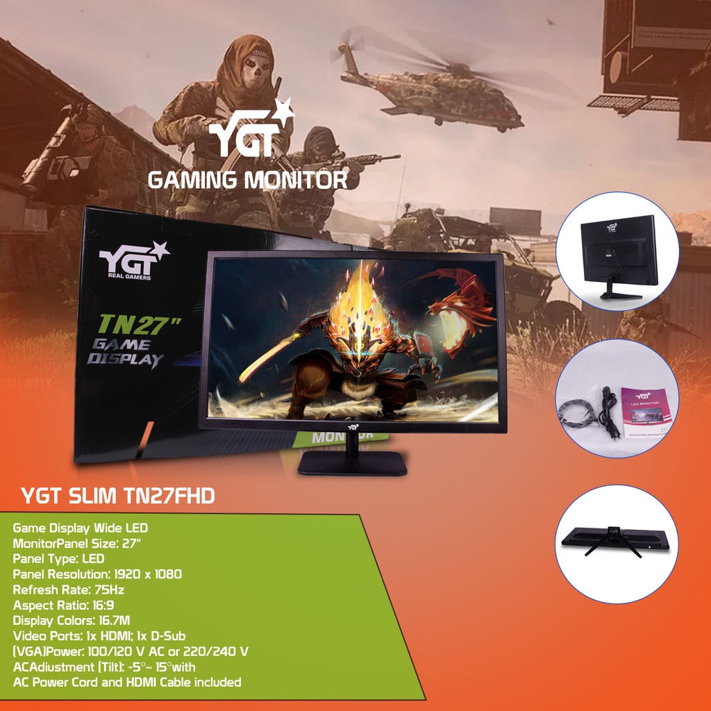 YGT TN27FHD-GD 27inch 75Hz Game Display Wide LED Monitor with AC power ...