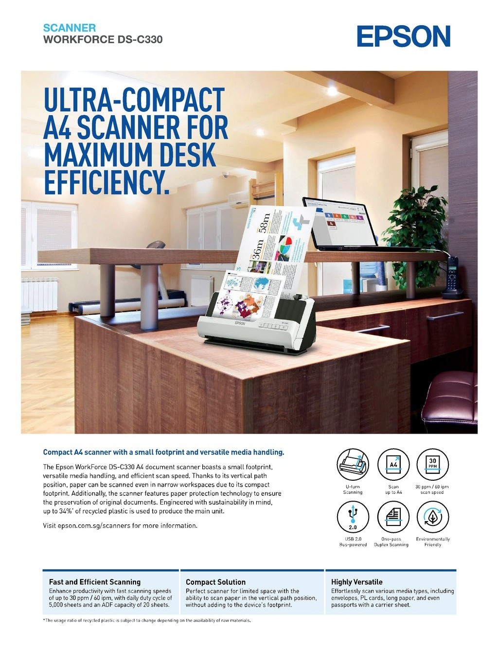 Epson WorkForce DS-C330 Portable Sheet-fed Document Scanner DS C330 ...