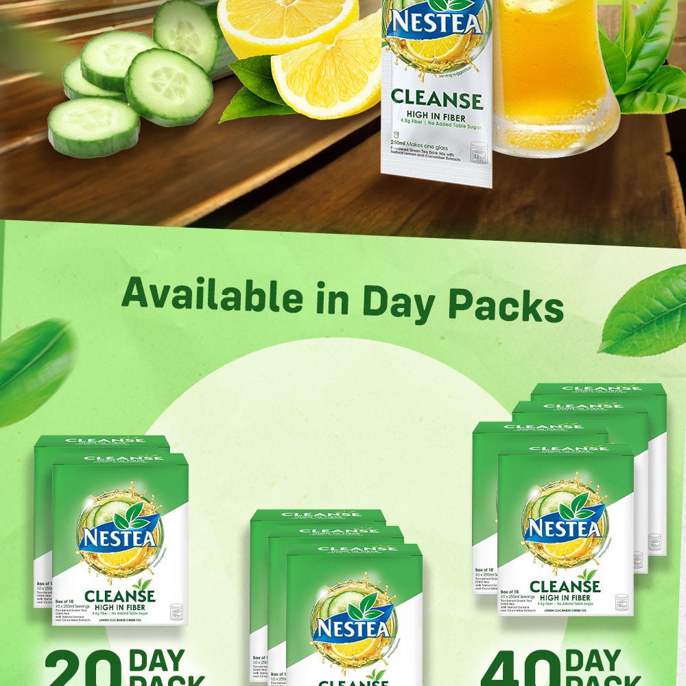 Nestea Cleanse Lemon Cucumber Powdered Green Tea with Fiber 250ml - Pack of 50 with FREE Tumbler ...