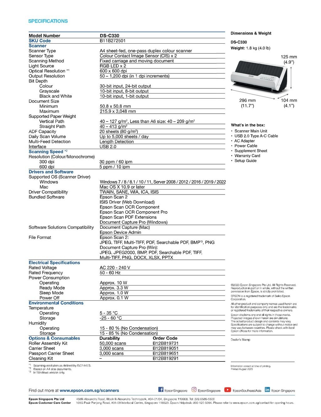 Epson WorkForce DS-C330 Portable Sheet-fed Document Scanner DS C330 ...