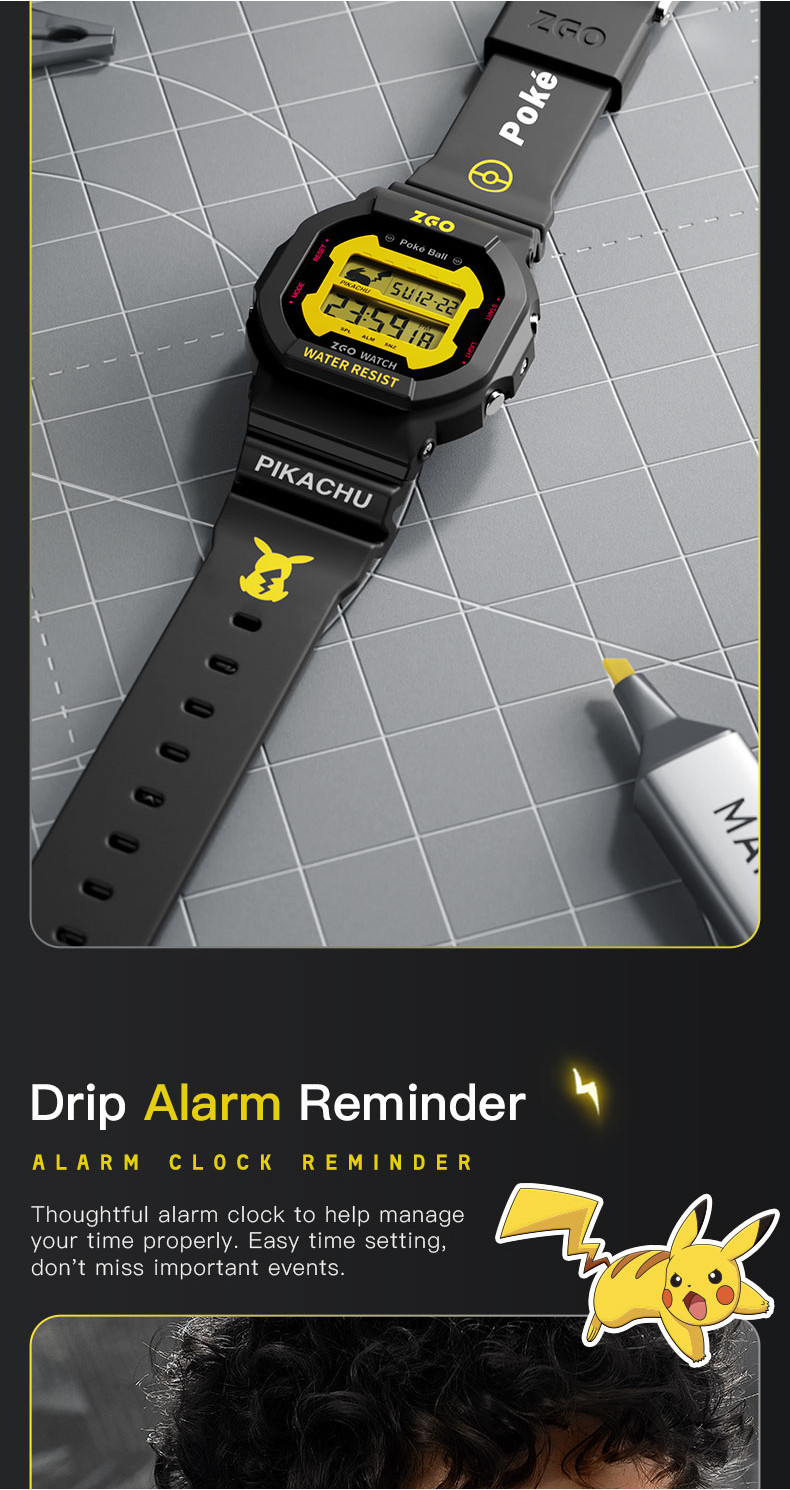 ZGO x Pokemon Pikachu Watch Kids Electronic Waterproof Sports Luminous ...