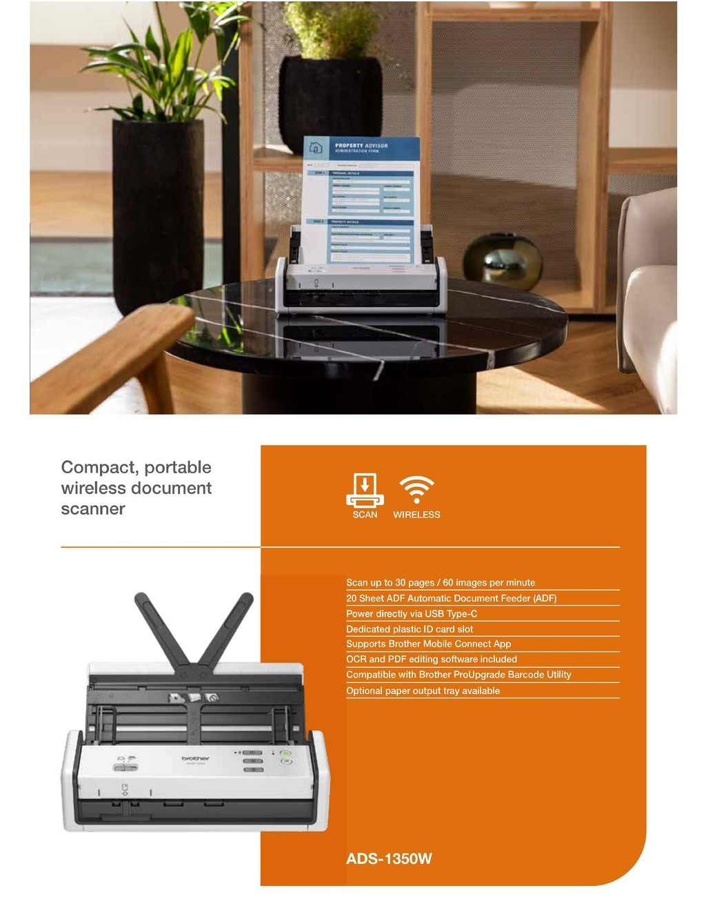 Brother ADS-1350W Portable Document Scanner ADS 1350 ADS1350 ADS1350W ...