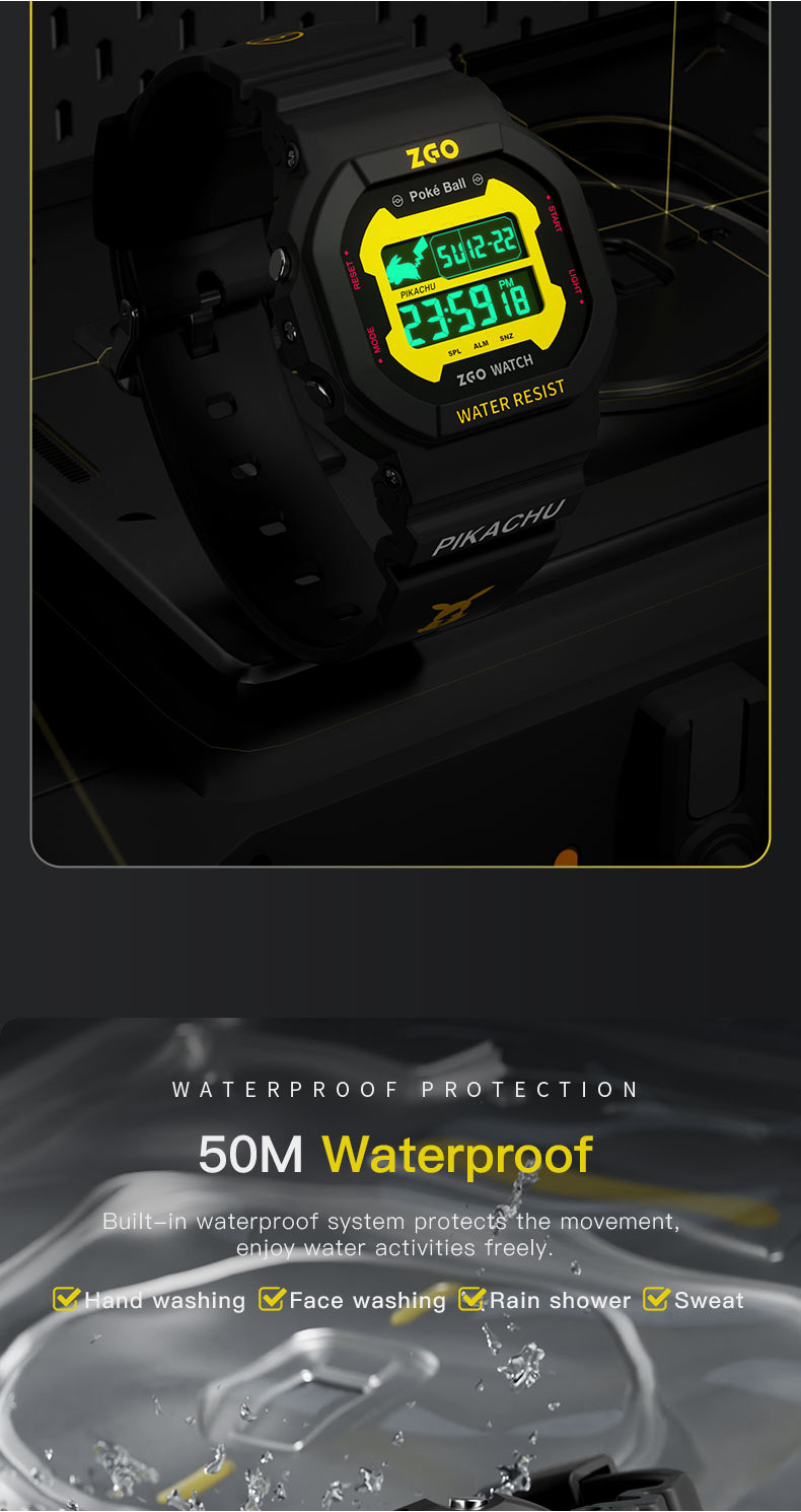 ZGO x Pokemon Pikachu Watch Kids Electronic Waterproof Sports Luminous ...