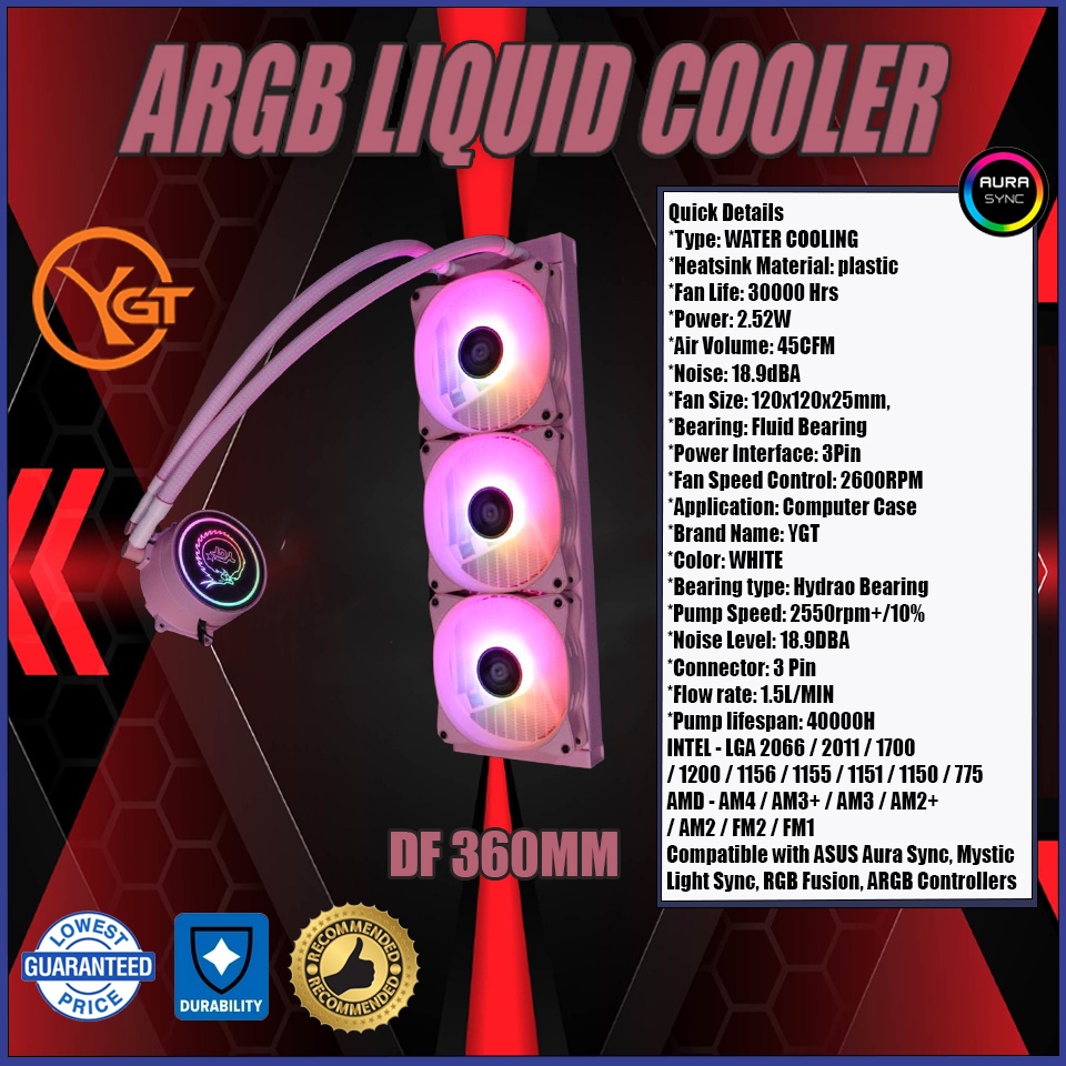 YGT DF-360 CPU Liquid Cooler All-in-one Liquid CPU Cooler with 5v 3PIN Aura Sync RGB black white ...