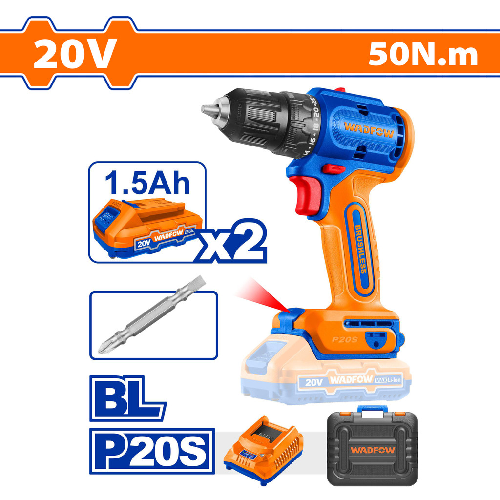 Wadfow P20 Series Li-Ion Brushless Motor Cordless Drill Max Torque 50NM ...