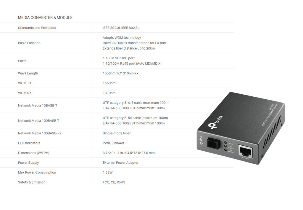 TP-Link MC112CS 10/100Mbps WDM Media Converter Single-Mode Fiber Optic ...