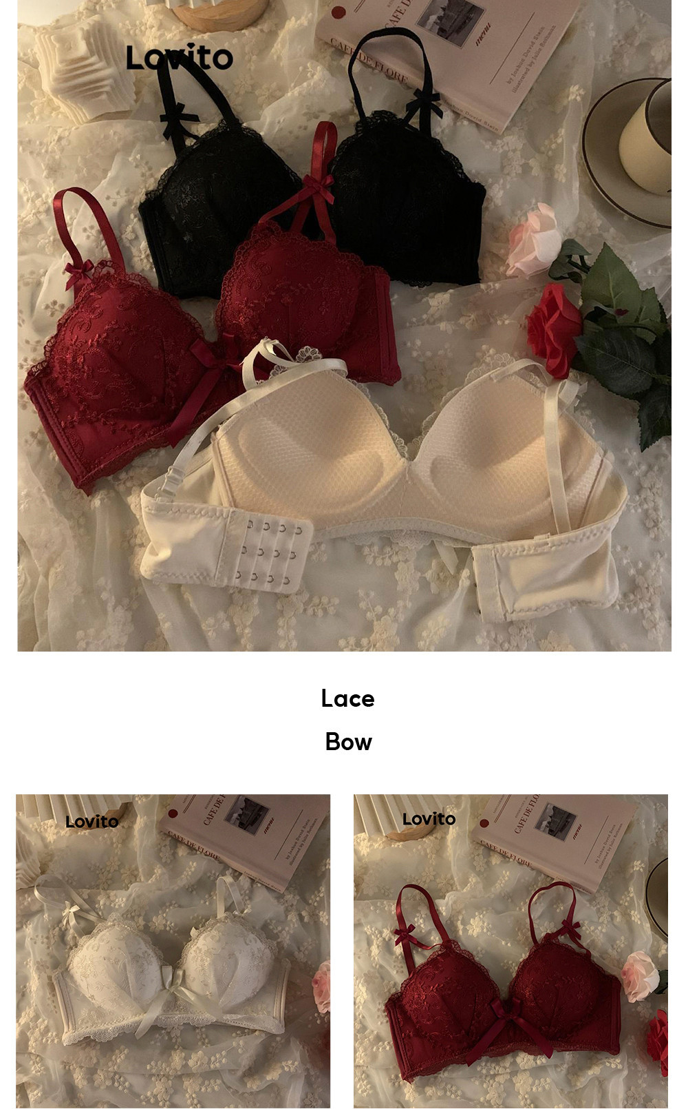 Lovito Sexy Soft Skin Bralette Lace Bow Bralette for Women LNE50359 ...