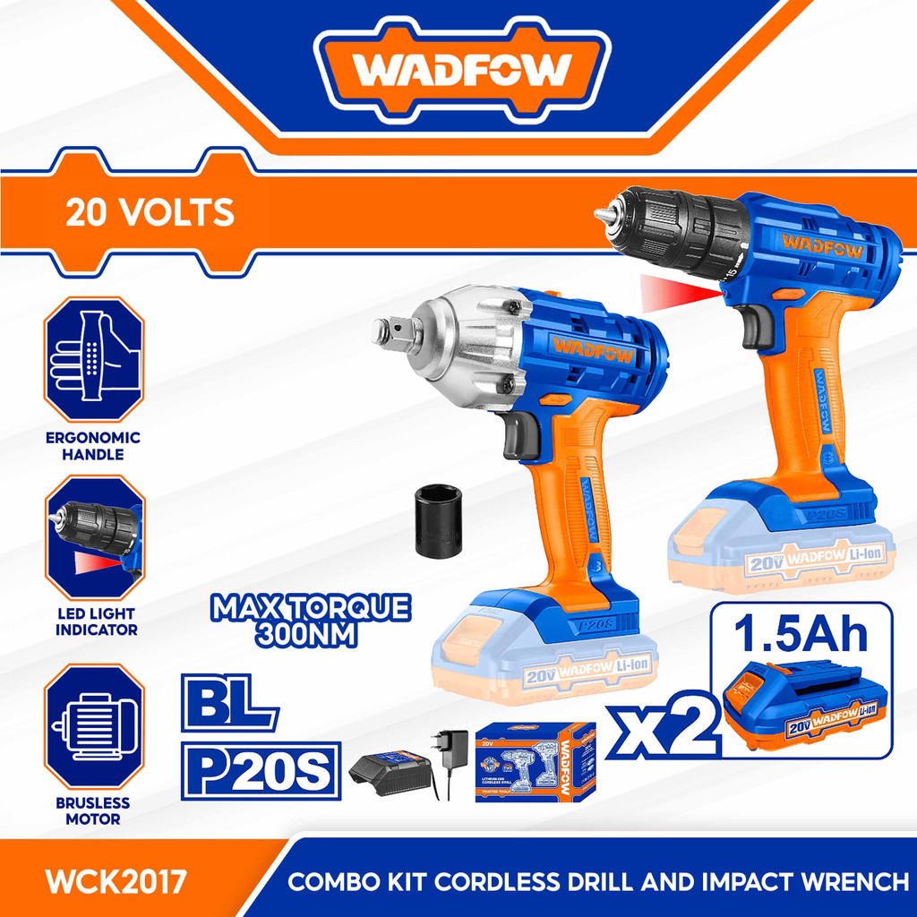 Wadfow P20 Series Li-Ion 20V Combo Kit - Cordless Drill & Brushless ...