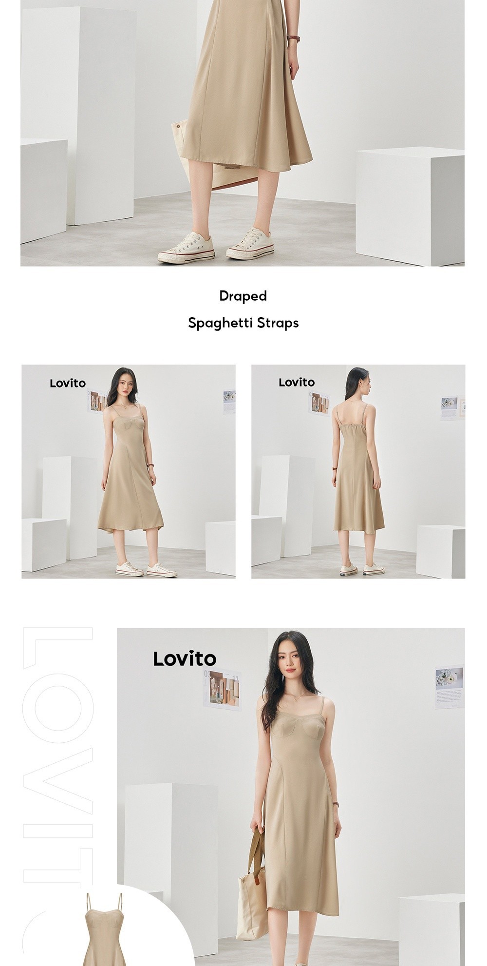 Lovito Women Casual Dress Plain Draped Structural Line Tighten The ...