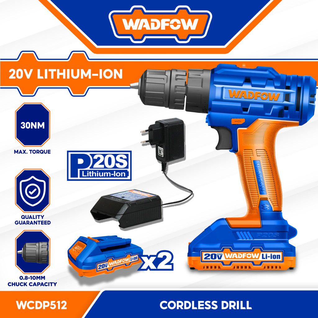 Wadfow P20 Series Lithium-Ion 20V Cordless Drill Max Torque 30NM w ...