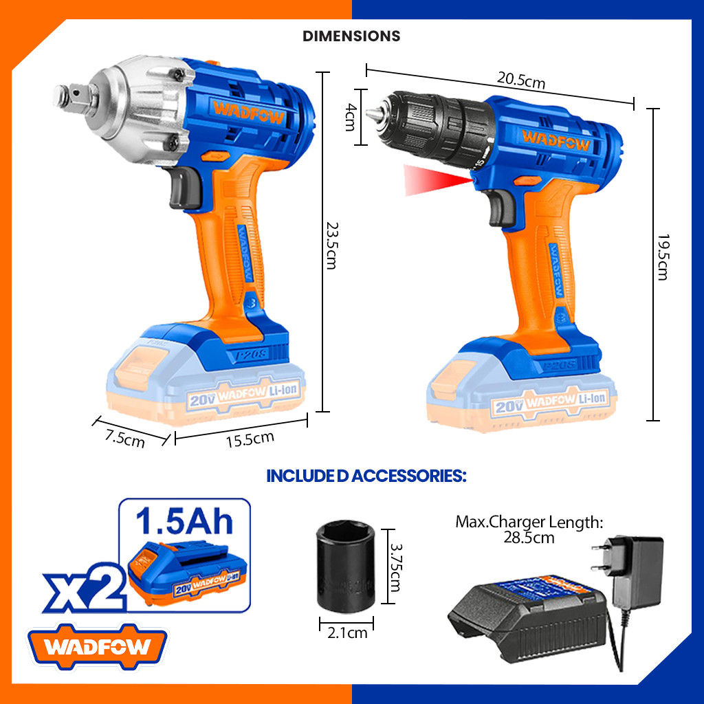 Wadfow P20 Series Li-Ion 20V Combo Kit - Cordless Drill & Brushless ...
