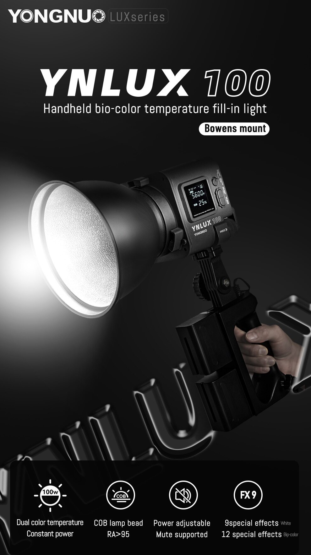 Yongnuo YNLUX100 100W Handheld COB 3200-5600K LED Fill Light Kit w/ LCD ...