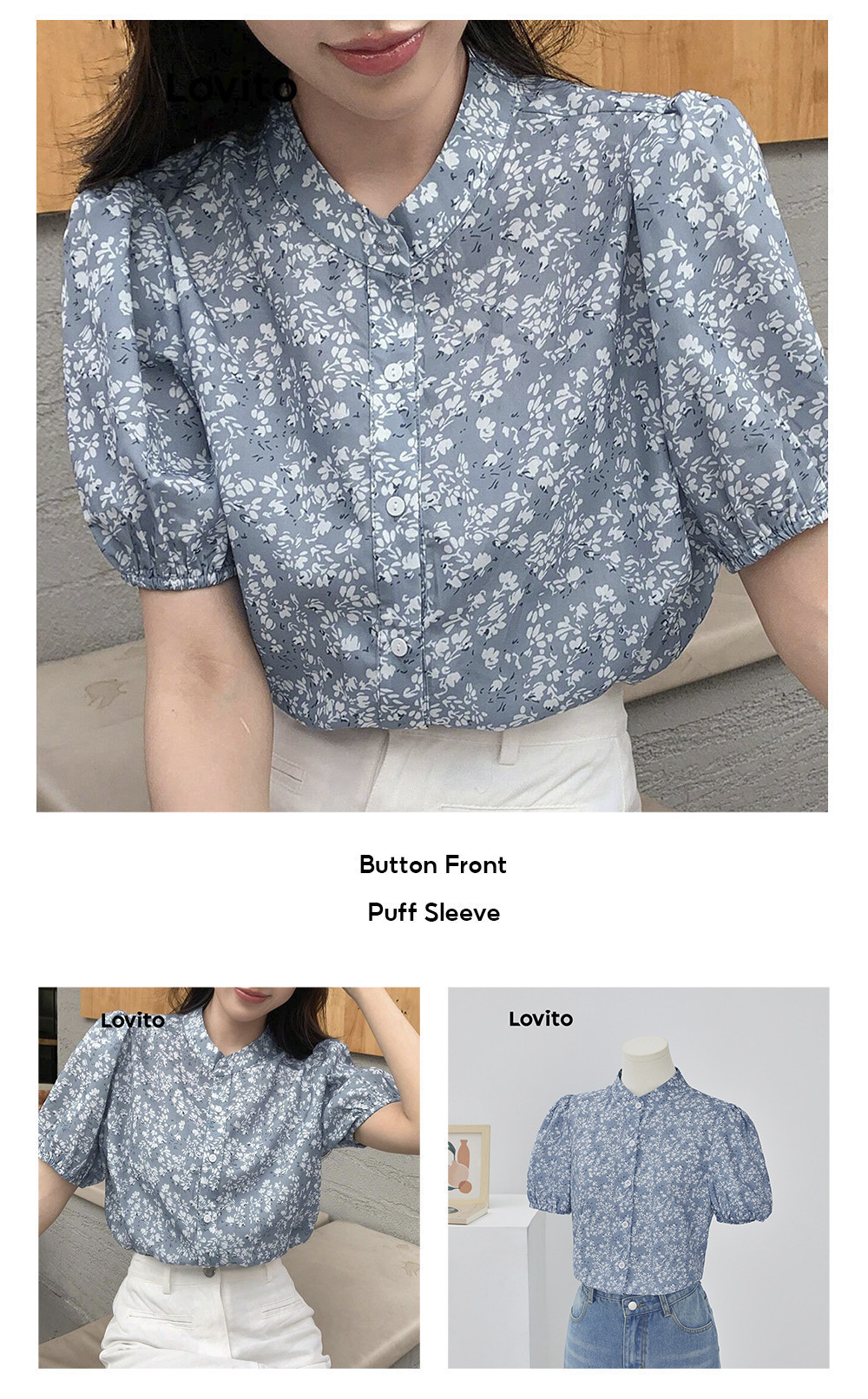 Lovito Women Boho Blouse Ditsy Floral Button Front Puff Sleeve Blouses ...