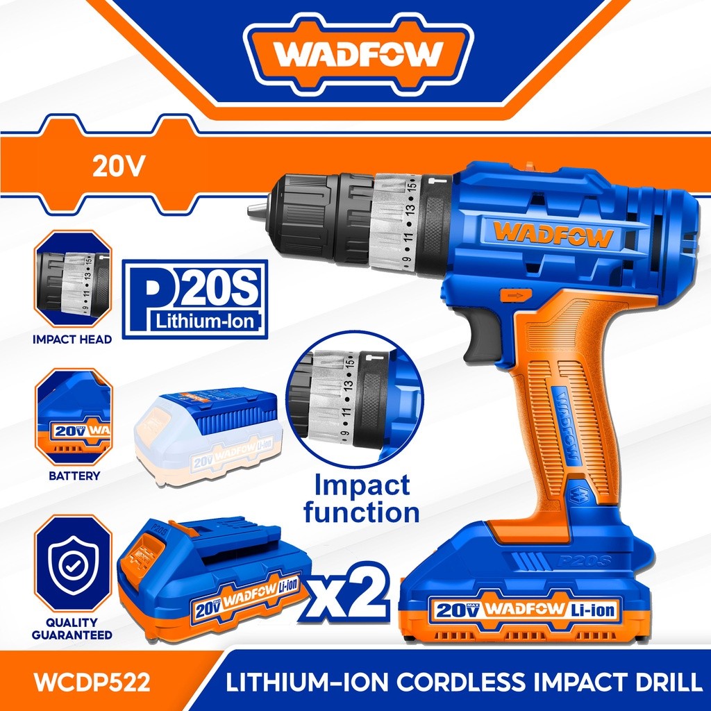 Wadfow P20 Series Lithium-Ion Cordless Impact Drill 20v With Battery ...