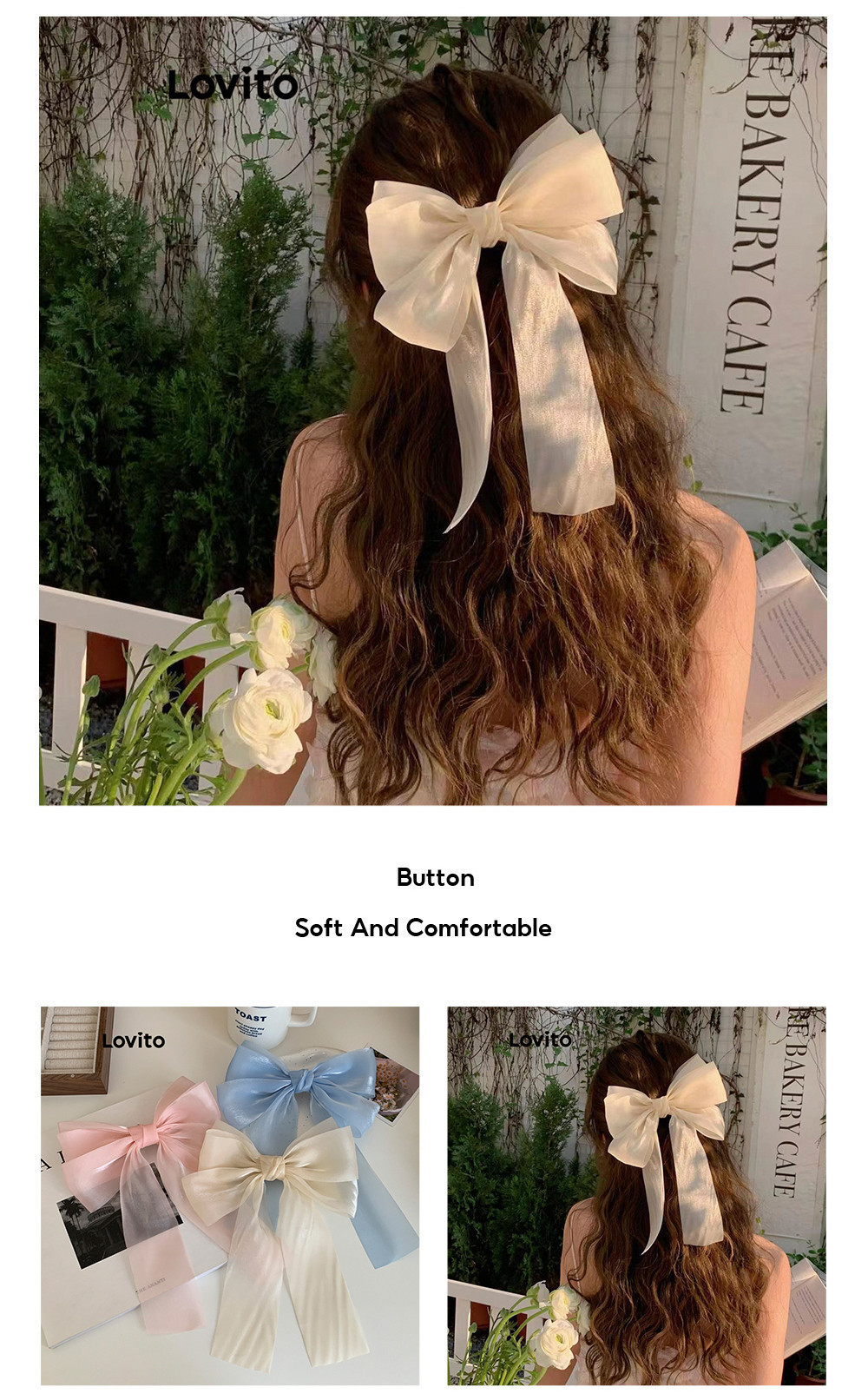 Lovito Women Preppy Hair Clips Plain Bow Mesh Sweet Temperament Ribbon ...