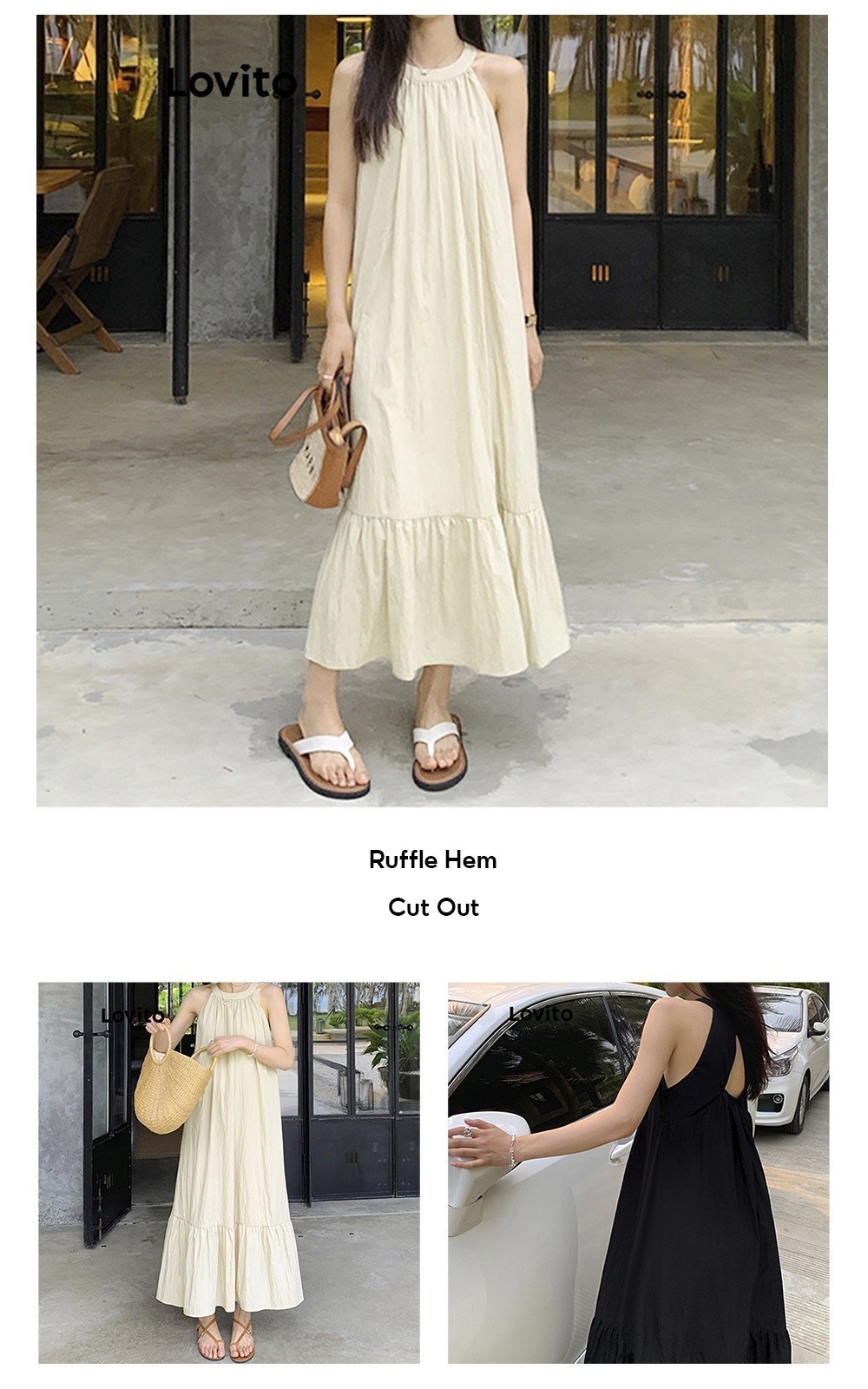 Lovito Women Casual Dress Plain Ruffle Hem Cut Out Dress L68ED142 ...