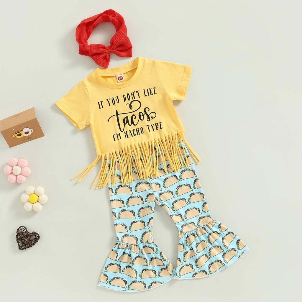 ZHY-Kids Girls Summer Outfits Letters Print Short Sleeve T-shirt with Tassels and Casual Flare ...