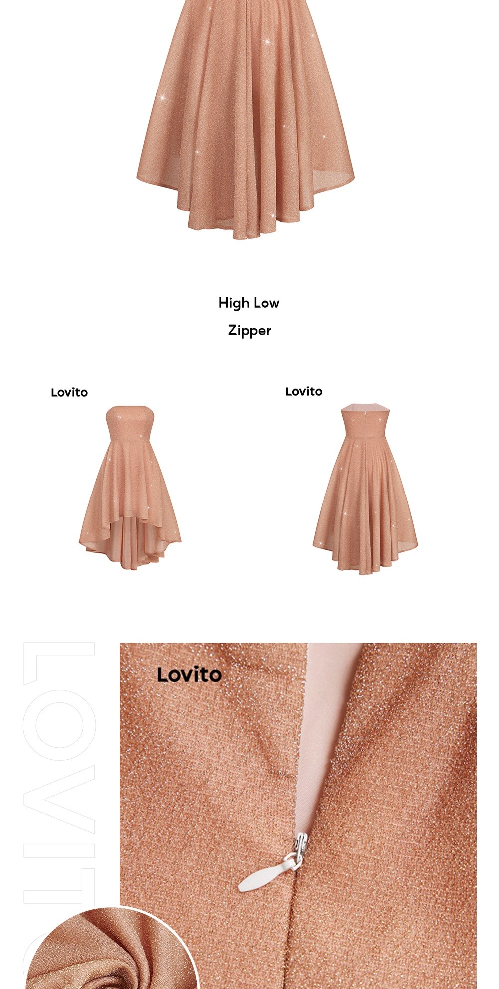 Lovito Women Elegant Dress Plain High Low Zipper Multi-functional Dress ...