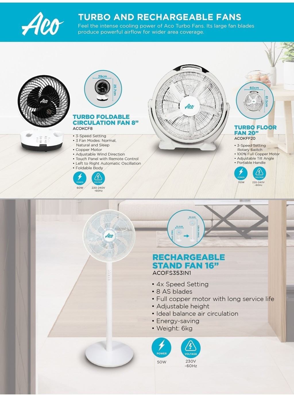 ACO Floor Fan Turbo 3 Speed Setting Portable Handle ACOKFF20 | Shopee ...