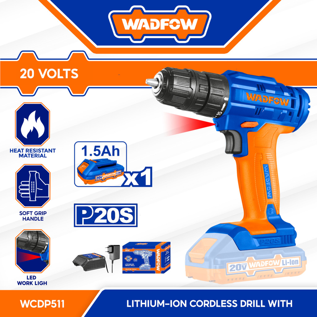 Wadfow P20 Series Li-Ion 20V Cordless Drill Max Torque 35NM with ...