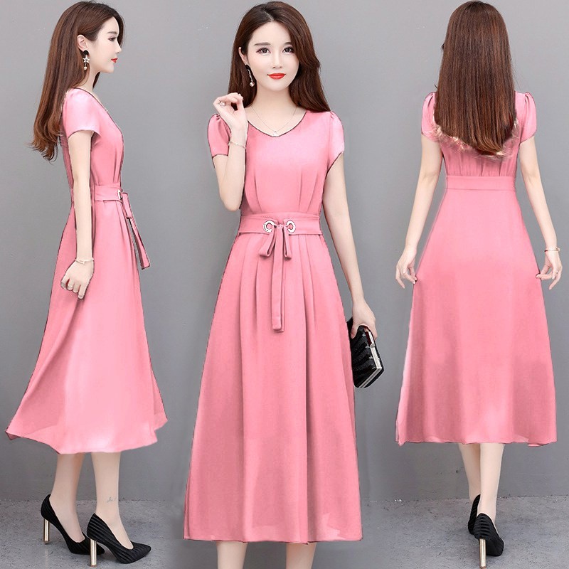 Free shipping Summer Plain women's Dress Korean A-Line Round Neck Midi ...