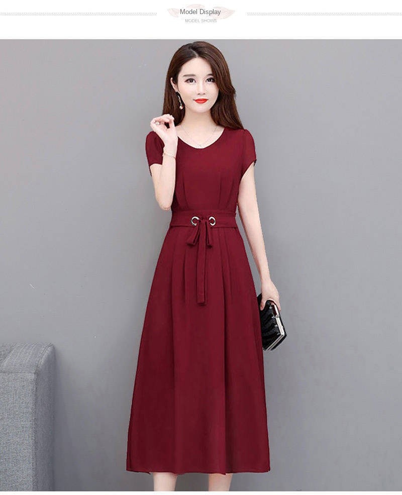 Free shipping Summer Plain women's Dress Korean A-Line Round Neck Midi ...
