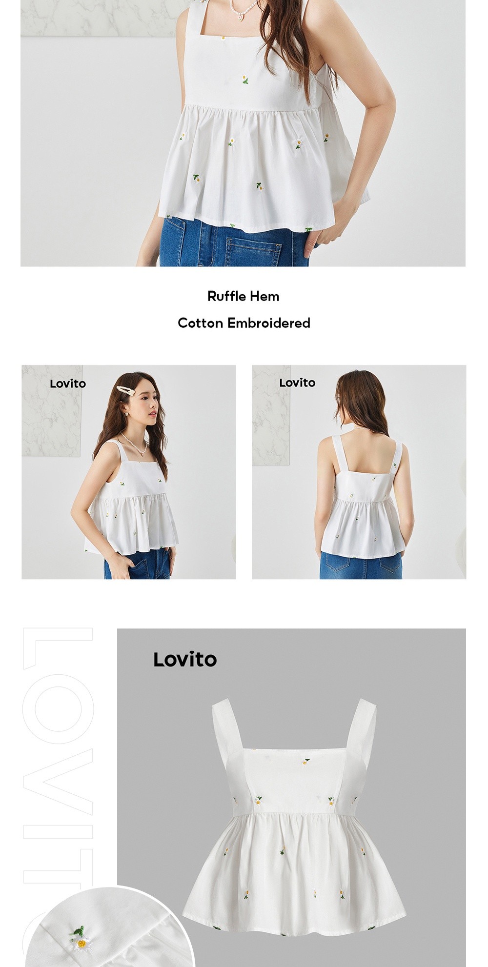 Lovito Cute Top Floral Ruffle Hem Cotton Embroidered Sunflower Square ...