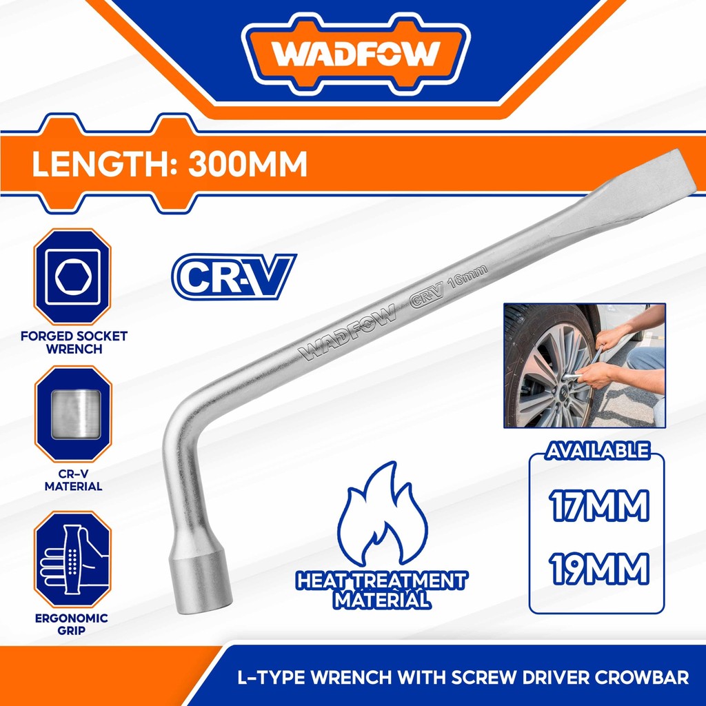Wadfow 17mm-19mm Chrome plated L-Type Wrench with Screw Driver Crowbar ...