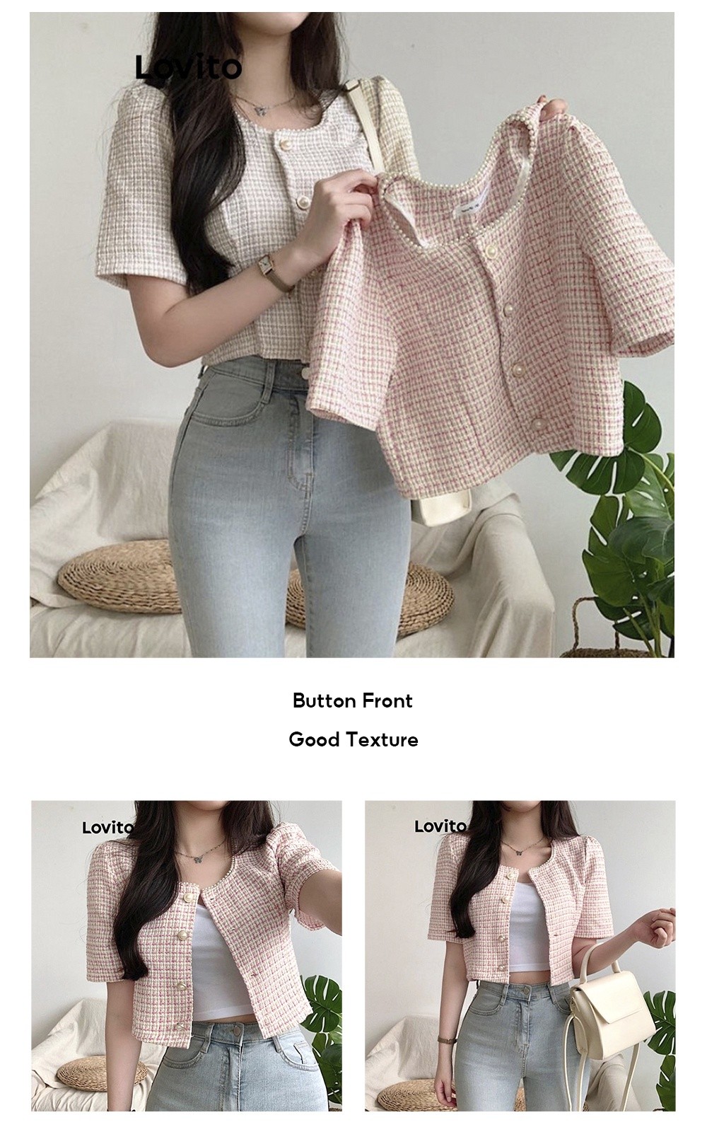 Lovito Women Casual Jacket Plain Pearls Button Front Tweed Jackets ...