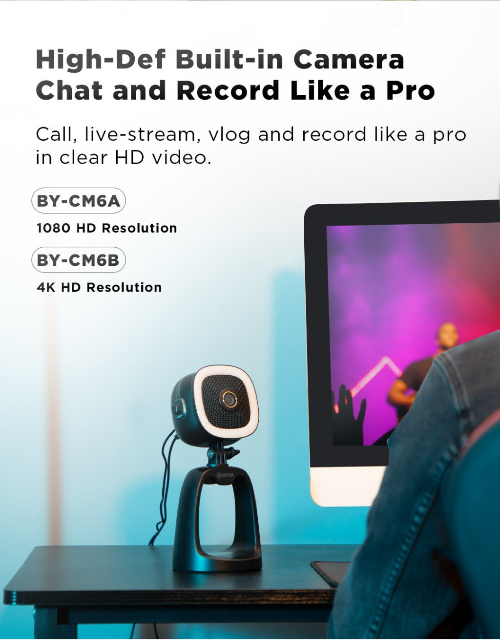 Boya BY-CM6B All-in-1 USB Mic, Built In 4K HD Camera, LED Ring Light ...