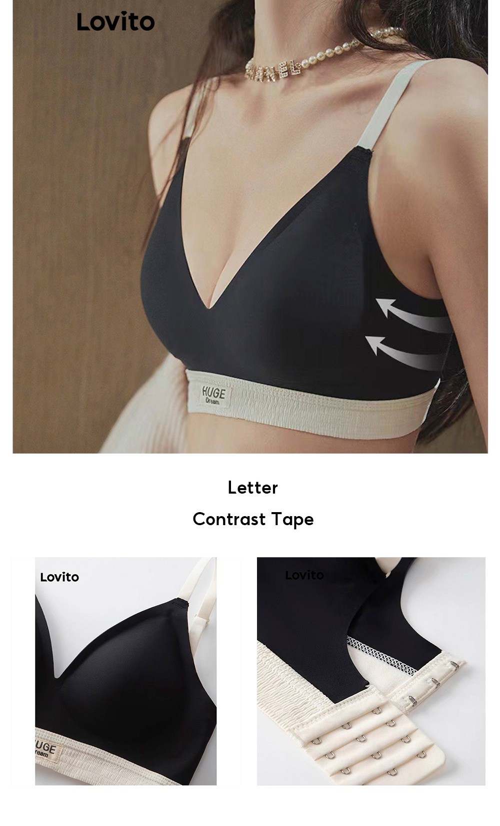 Lovito Women Casual Bralette Plain Contrast Tape Seamless Bras LNA10055 ...