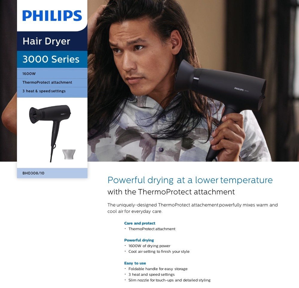 Philips 3000 Series Hair Dryer, 1600W Foldable BHD308/10 | Shopee Philippines