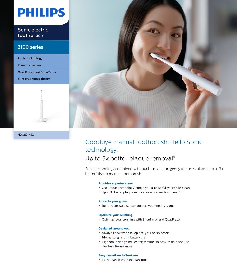 Philips Sonicare 3100 Series HX3671/23 with Quadpacer and SmarTimer | Shopee Philippines