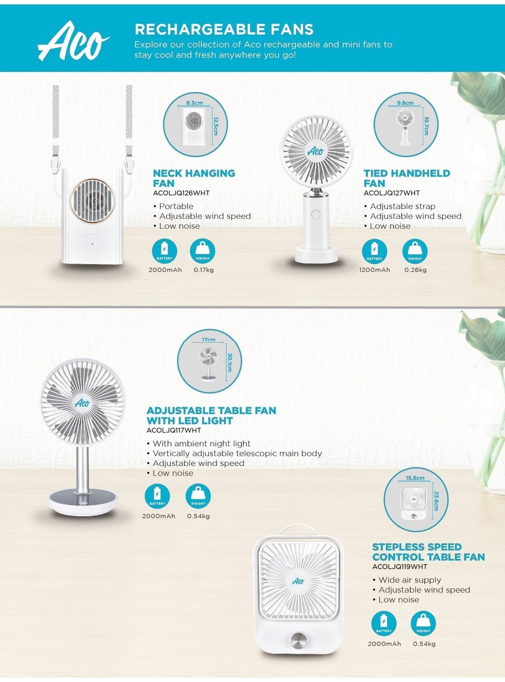 ACO nest Rechargeable Adjustable Table Fan with LED Light ACOLJQ117WHT ...