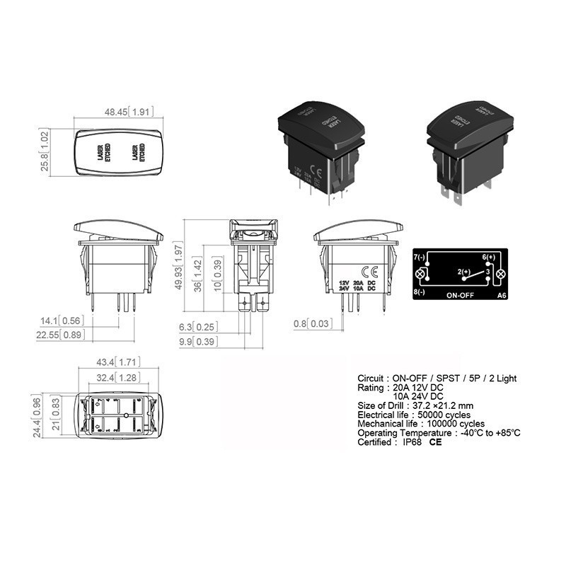 1 X Rocker Switch Logo STEREO Pattern Car Boat Blue Led 5 Pin Rocker ...