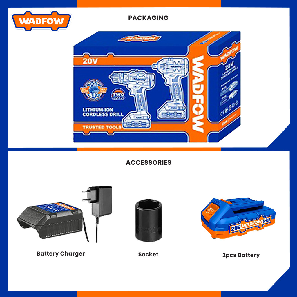 Wadfow P20 Series Li-Ion 20V Combo Kit - Cordless Drill & Brushless ...