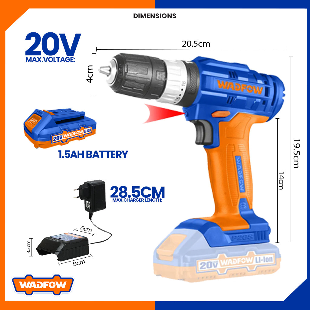 Wadfow P20 Series Li-Ion 20V Cordless Impact Drill Max Torque 35NM w ...
