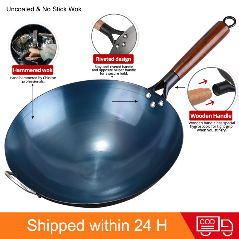 32/34/36/38cm Wok Non stick Heavy Duty Carbon Steel Wok Pan | Shopee ...