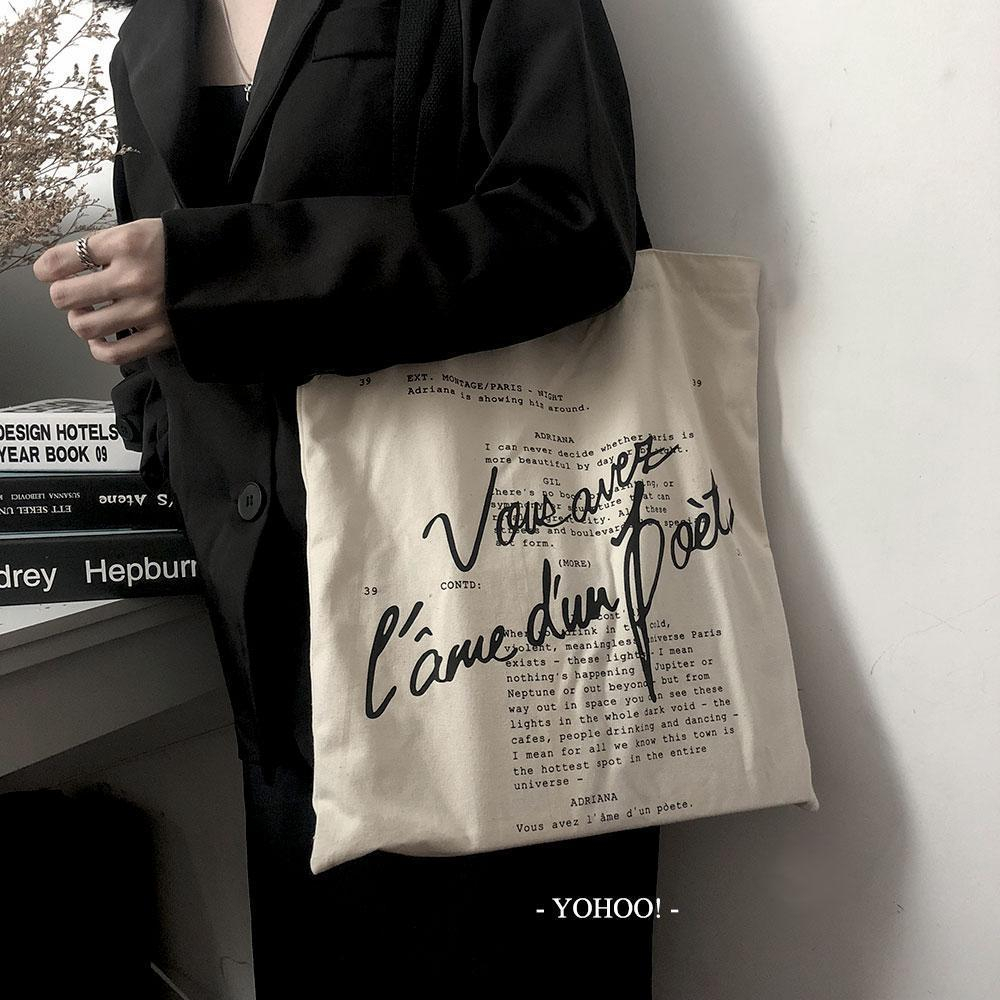 Korean INS CHIC English Large Capacity Zipper One Shoulder Canvas Tote ...